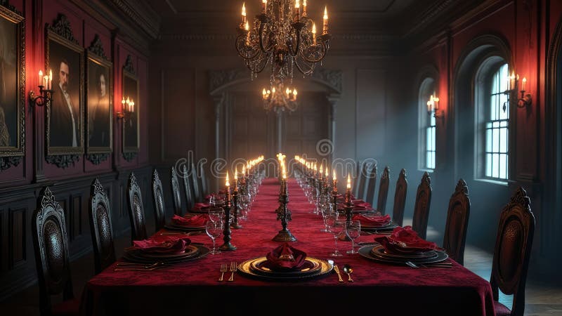 Elegant Dining Hall Setup with a Long Table and Ornate Decor ...