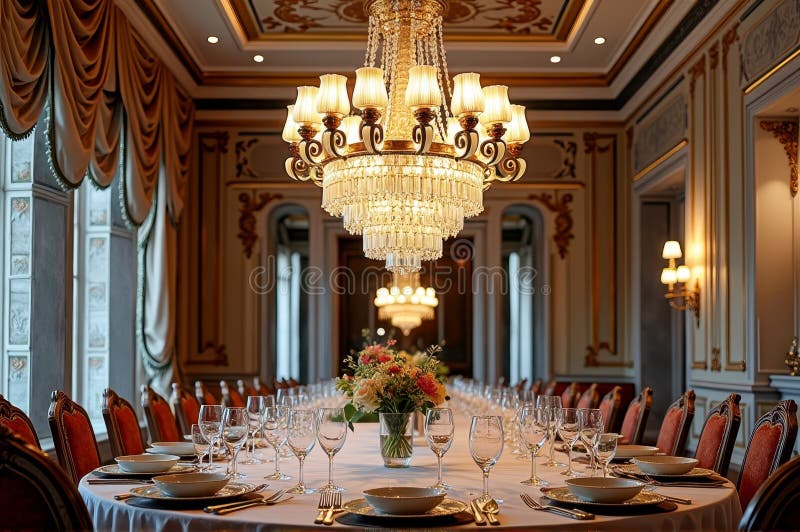 Elegant Dining Room with Chandelier and Long Table Set for Formal Event ...