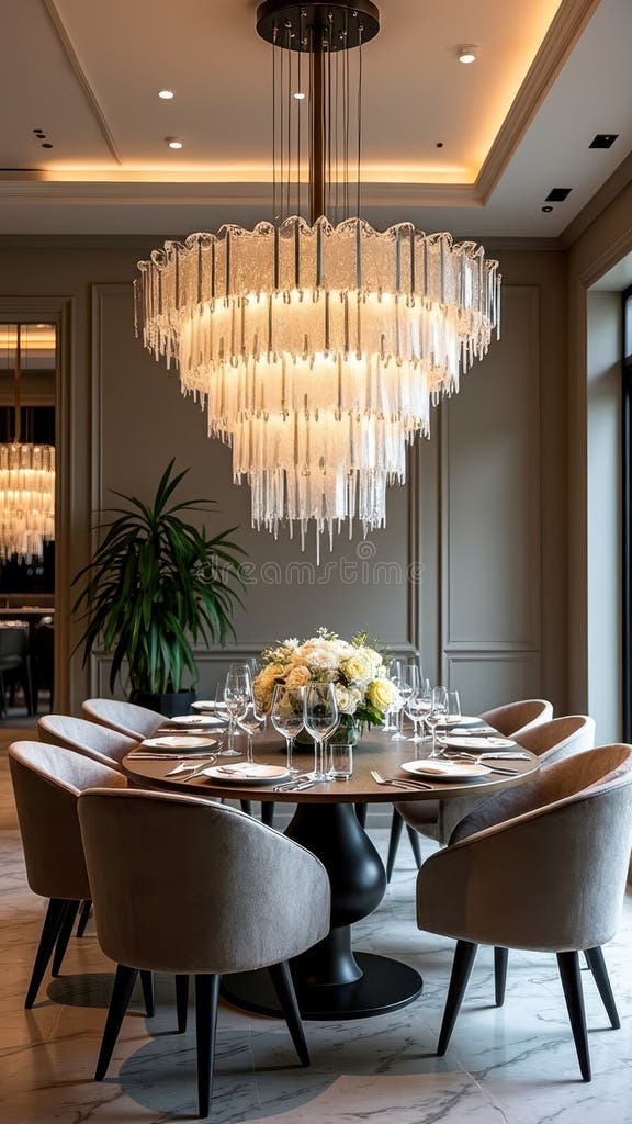 Elegant Dining Room with Crystal Chandelier and Luxury Table Setting ...