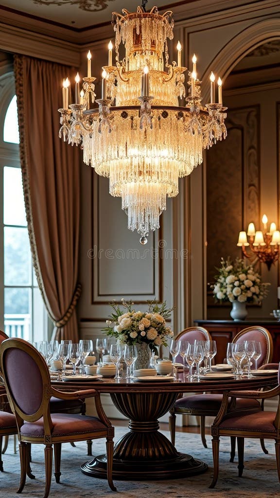 Elegant Dining Room with Crystal Chandelier and Luxury Table Setting Stock Photo - Image of ...