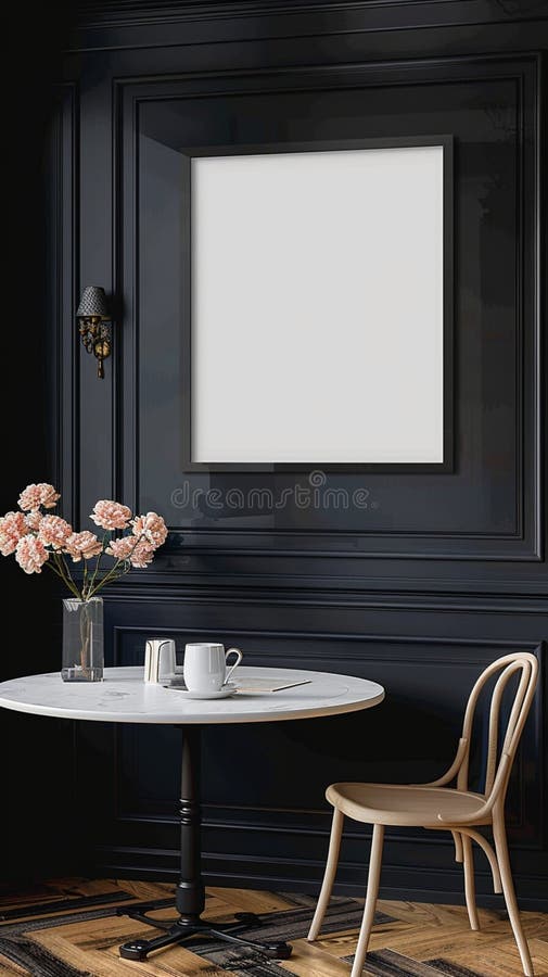 Elegant Dining Room Empty Frame on Black Wall, Classic Interior Stock ...