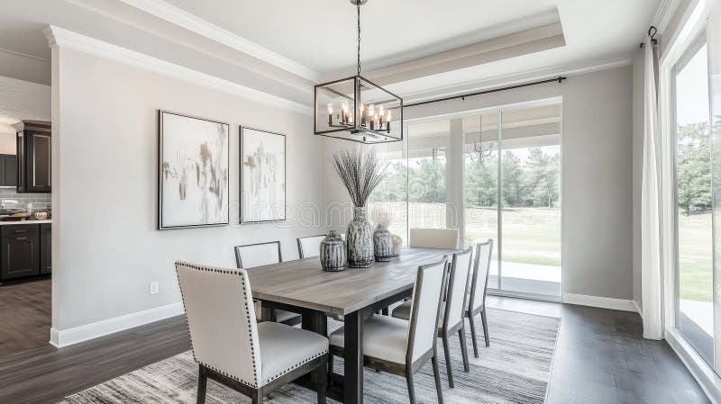 Elegant Dining Room Featuring a Large Rectangular Wooden Table ...