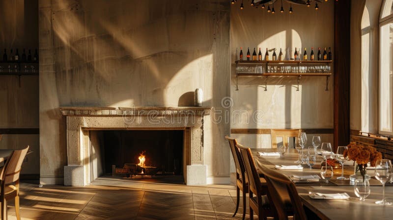 Elegant Dining Room Interior with Fireplace and Natural Light Stock ...