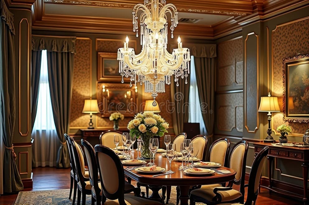 Elegant Dining Room with Luxurious Chandelier and Classic Table Setting Stock Image - Image of ...