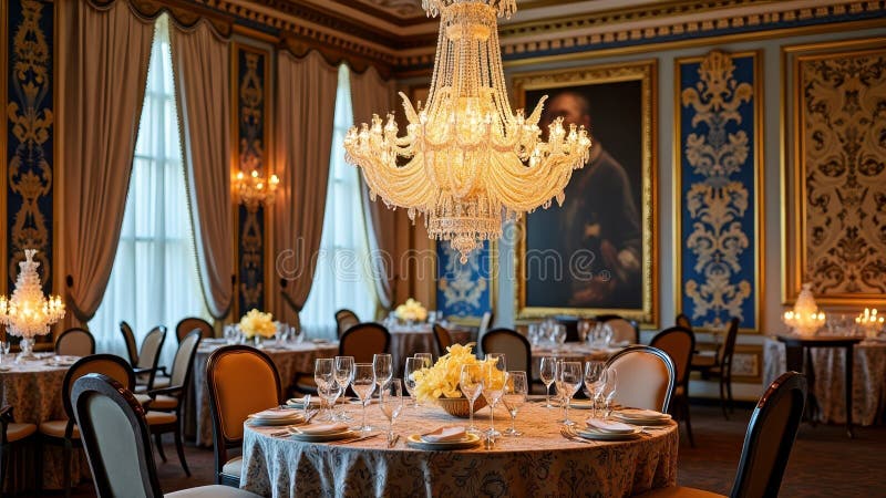 Elegant Dining Room with Luxury Chandelier and Decorated Tables in Historic Setting Stock Photo ...