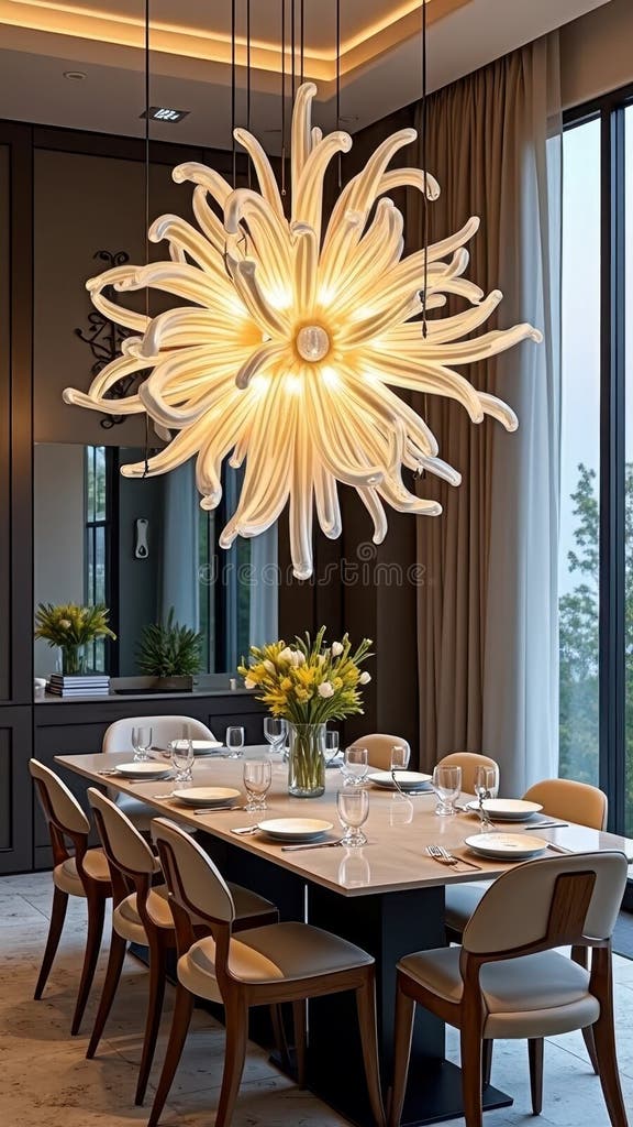 Elegant Dining Room with Modern Chandelier and Chic Table Setting Stock ...