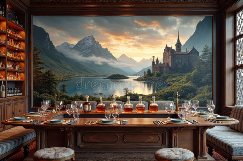 Elegant Dining Room Scenic Mountain Castle View Sunset Stock Photos ...