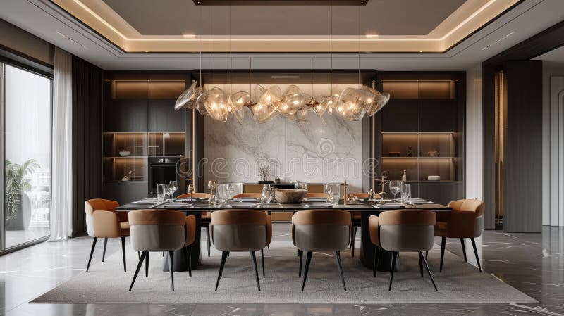 An Elegant Dining Room with a Sculptural Chandelier and a Large, Modern ...