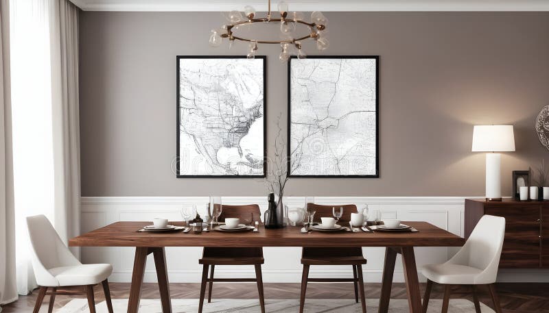 This Elegant Dining Room Setting is Completed by a Mock-up Poster Map ...