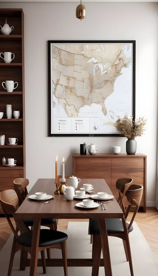 This Elegant Dining Room Setting is Completed by a Mock-up Poster Map ...
