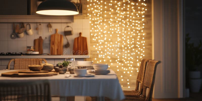 Elegant Dining Room with String Lights and a Cozy Ambiance Stock Photo ...