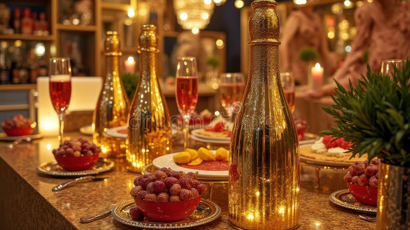 Elegant Dining Scene with Gold Bottles and Red Fruits on Luxurious ...