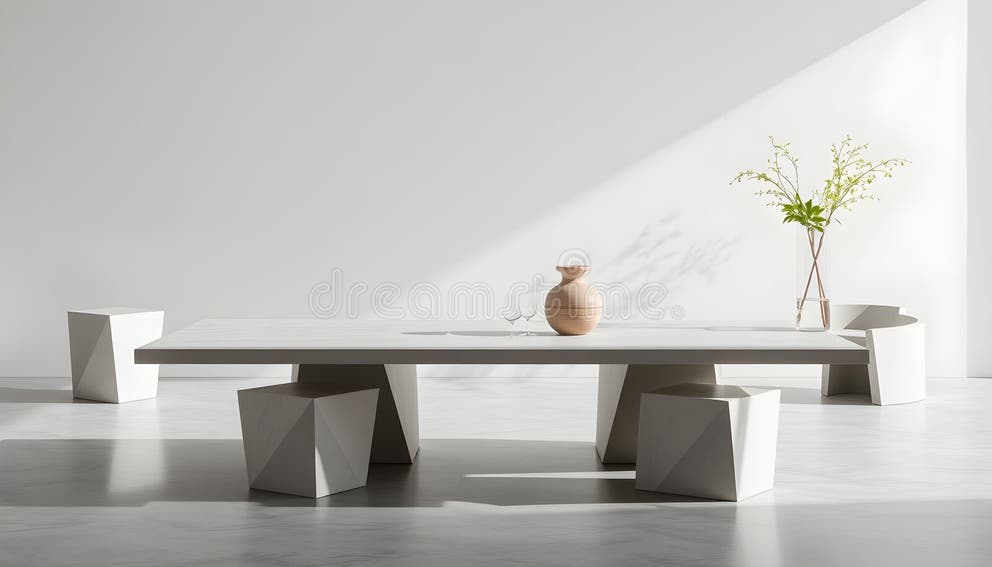 Modern Minimalist Dining Table Set with Geometric Stools and White ...
