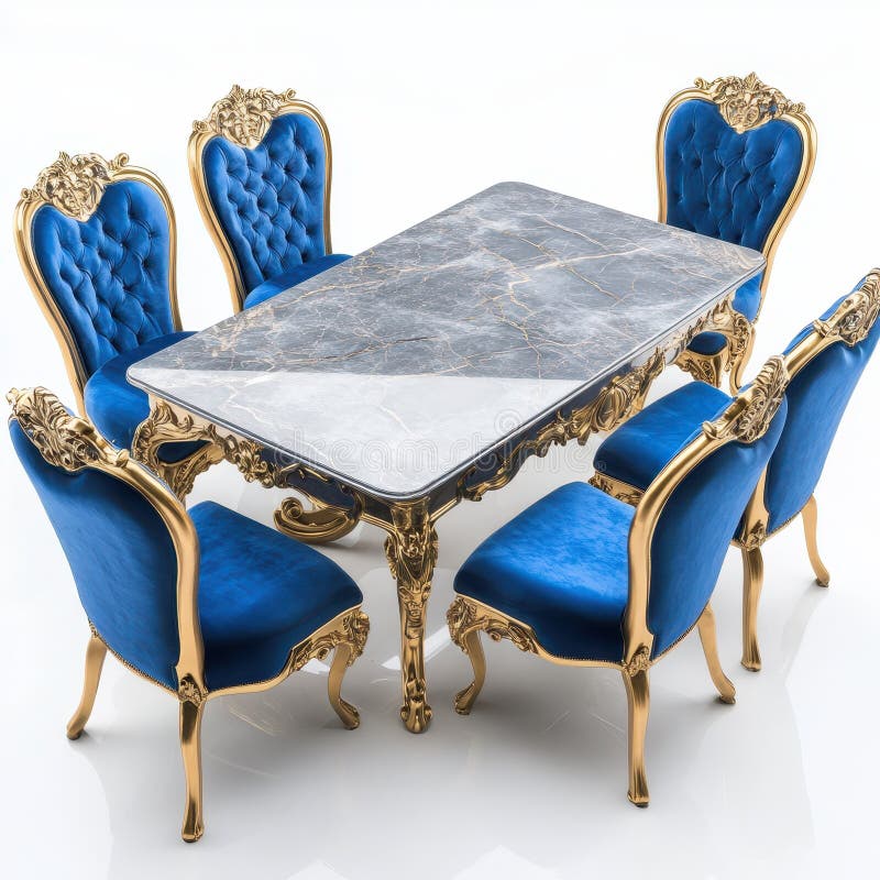 Elegant Dining Set Featuring a Marble Table and Luxurious Blue Velvet ...