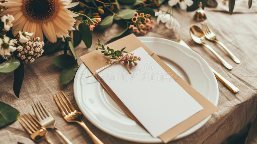 Elegant Dining Setting with a Blank White Card on a Plate and Flatware ...