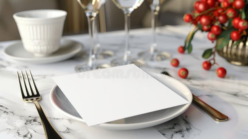 Elegant Dining Setting with a Blank White Card on a Plate ...