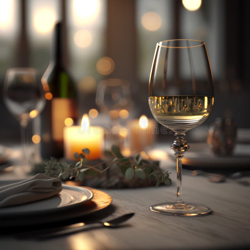 An Elegant Dining Setting with a Glass of White Wine in Sharp Focus in ...
