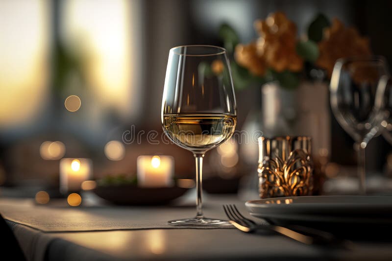 An Elegant Dining Setting with a Glass of White Wine in Sharp Focus in ...
