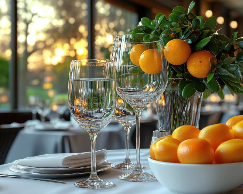 Elegant Restaurant Table Setting with Citrus Centerpiece Stock ...