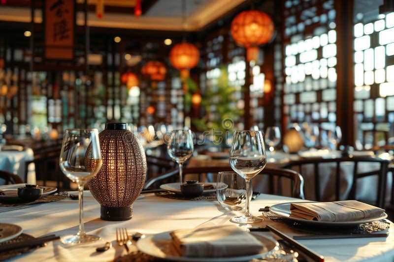 Elegant Dining Setup in Asian Fusion Restaurant Stock Illustration ...