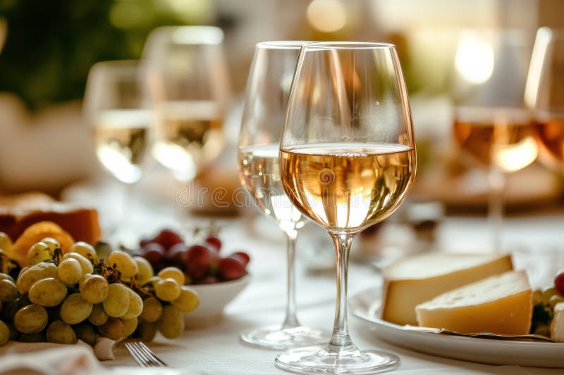 Elegant Dining Setup with Assorted Wine Glasses, Cheese Platter, and ...