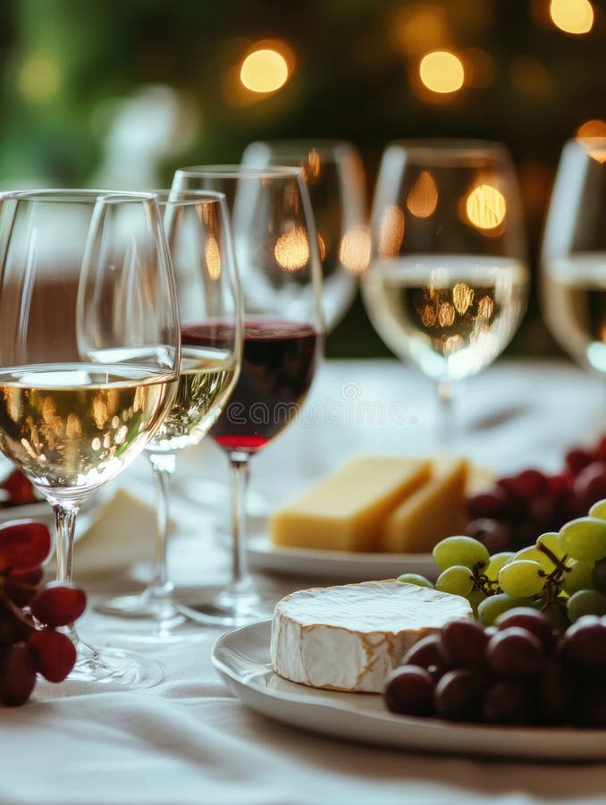 Elegant Dining Setup with Cheese Platter and Assorted Wine Glasses for ...