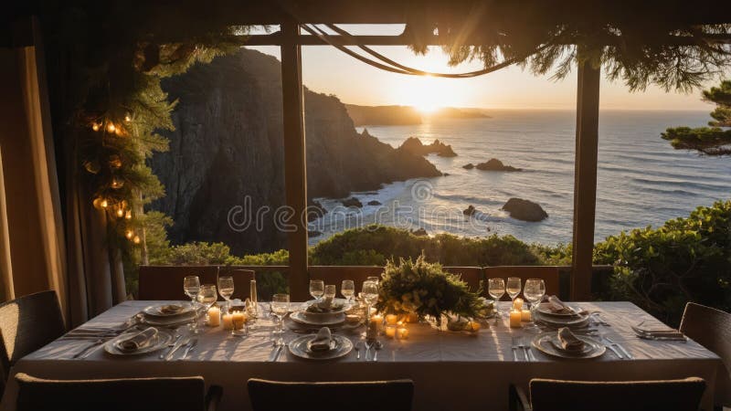 Romantic Sunset Dinner Table with Ocean View Stock Illustration ...