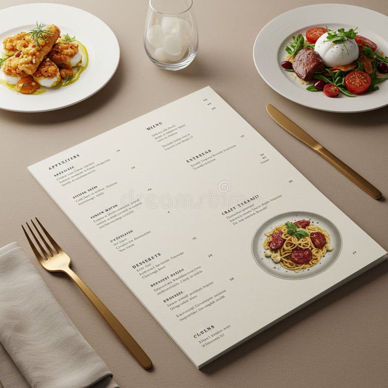 Elegant Dining Setup Featuring a Menu Centered on a Beige Tablecloth ...