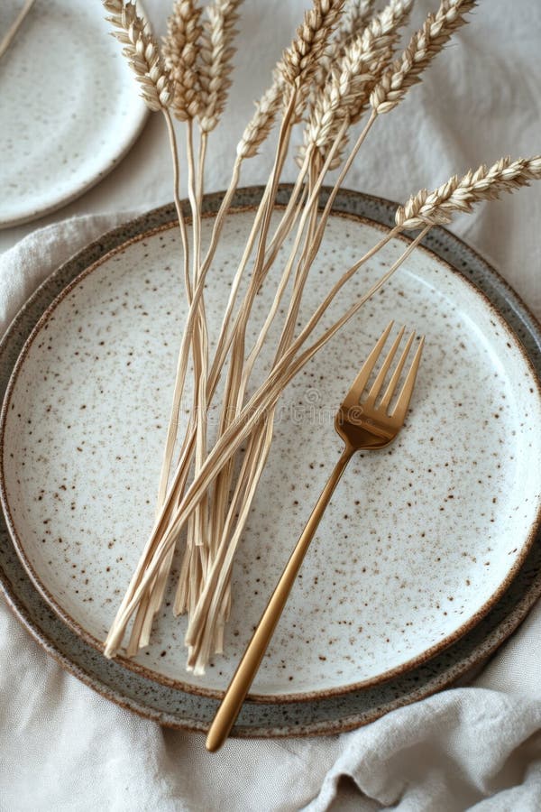Elegant Dining Setup Featuring Rustic Dishware and Decorative Wheat on ...