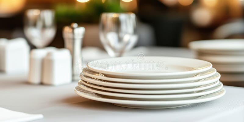 Elegant Dining Setup Featuring Stacked White Plates, Glassware, and ...