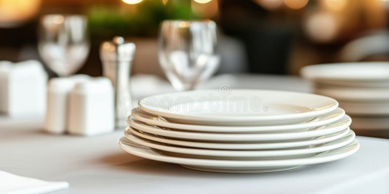 Elegant Dining Setup Featuring Stacked White Plates, Glassware, and ...