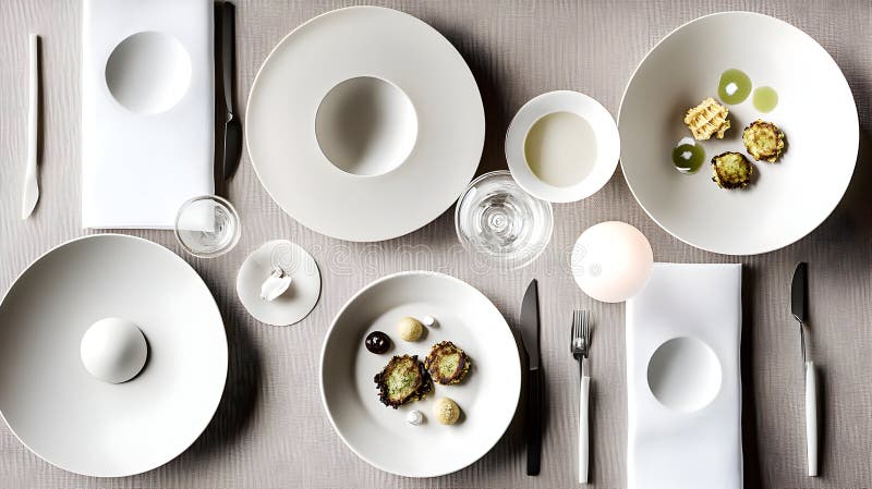 An Elegant Dining Setup Featuring Various Gourmet Dishes on Minimalist ...