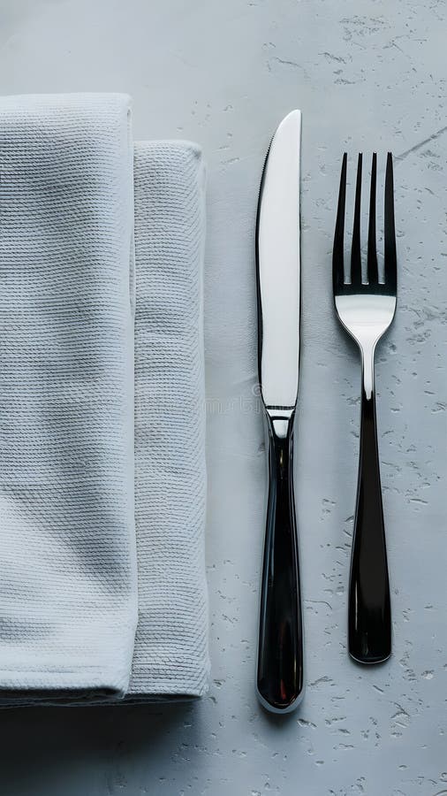 Elegant Dining Setup with Folded Napkin, Shiny Knife, and Fork on Gray ...
