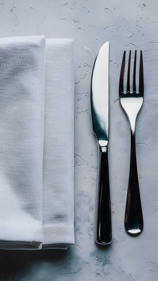 Elegant Dining Setup with Folded Napkin, Shiny Knife, and Fork on Gray ...