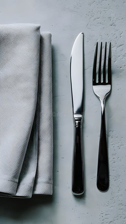 Elegant Dining Setup with Folded Napkin, Shiny Knife, and Fork on Gray ...