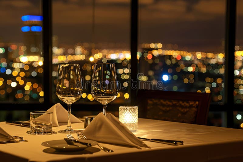 Elegant Dining Setup with Glasses, Candlelight and a Cityscape at Dusk ...