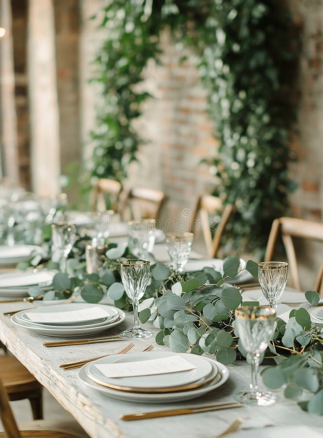 Elegant Dining Setup with Greenery Decor at a Rustic Venue in Daytime ...