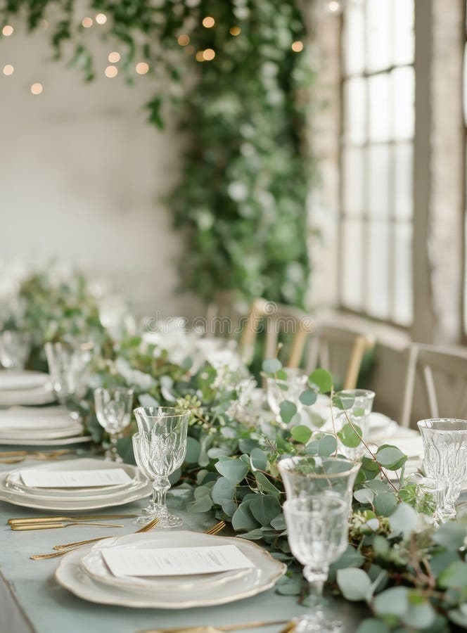 Elegant Dining Setup with Greenery Decor at a Rustic Venue in Daytime ...