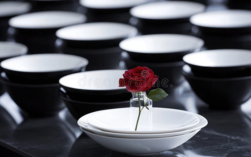 Elegant Dining Setup with White and Black Bowls and a Single Red Rose ...