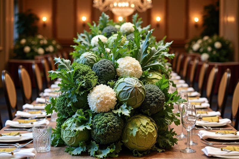 Elegant Dining Table with Elaborate Vegetable Centerpiece Display Stock ...
