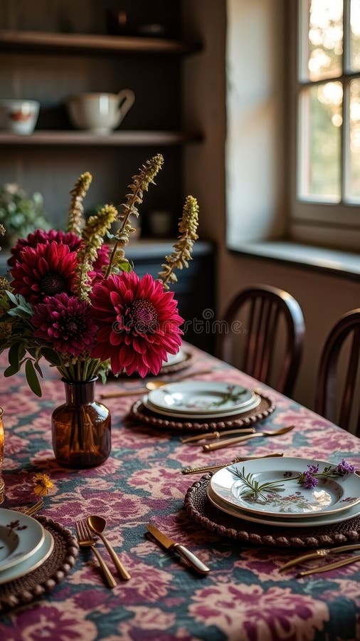Elegant Dining Table with Floral Arrangement in Sunlit Room Stock ...