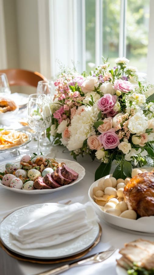 Elegant Dining Table with Floral Centerpiece and Assorted Delicacies ...