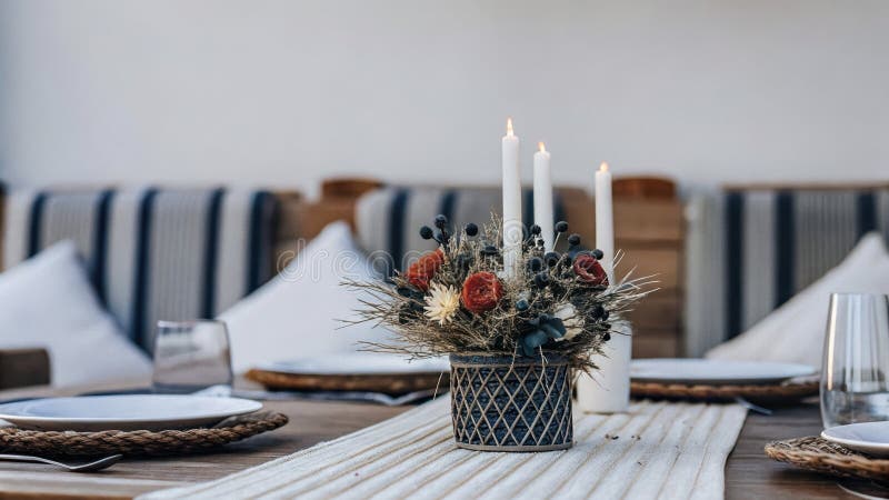 Elegant Dining Table with Floral Centerpiece and Candles Stock Photo ...
