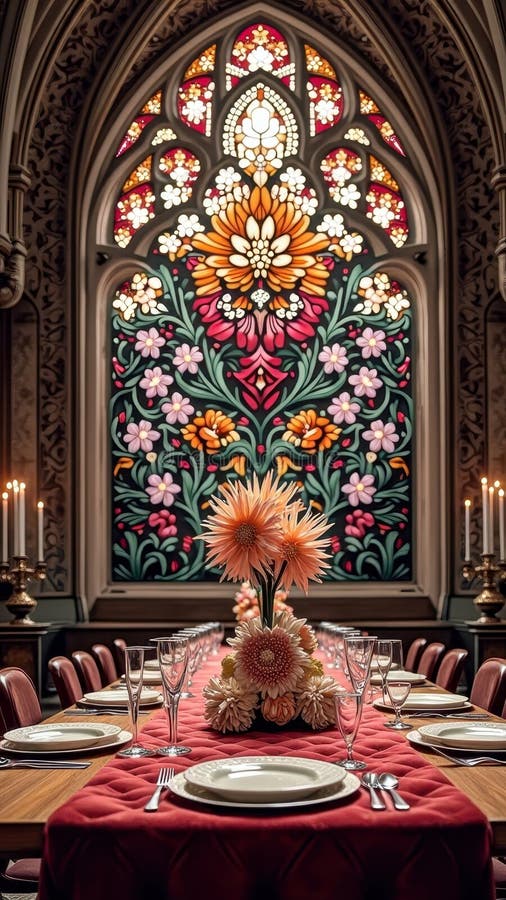 Elegant Dining Table in Gothic Setting with Stained Glass Window and ...