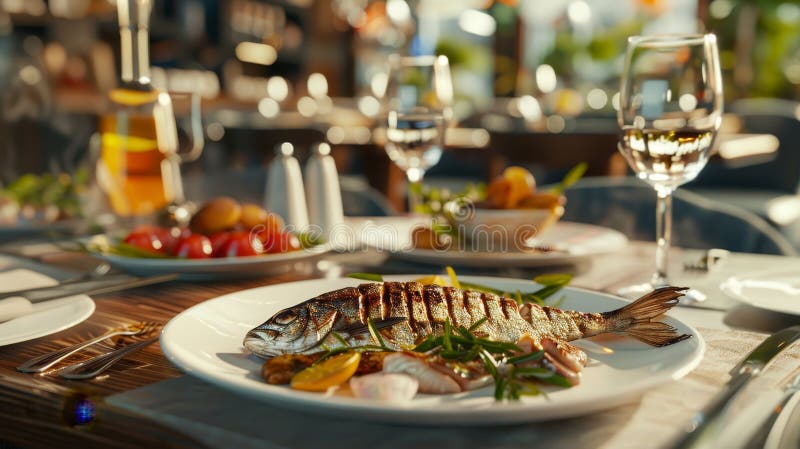 Elegant Dining Table with Grilled Seabass in a Luxurious Restaurant ...