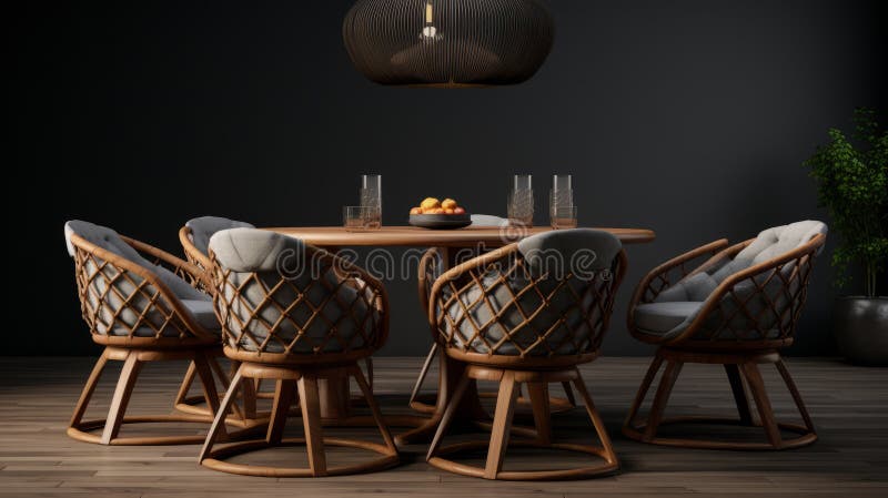 Elegant Dining Table with Rattan Chairs in Vray Tracing Style Stock ...