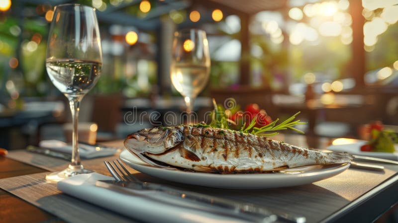 Elegant Dining Table Set in a Luxurious Restaurant with Grilled Seabass ...