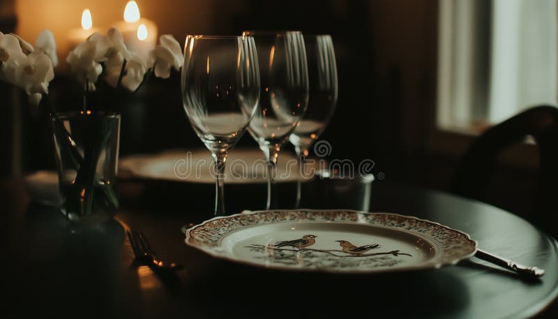 Elegant Dining Table Setting with Bird-Inspired Plates, Wine Glasses ...