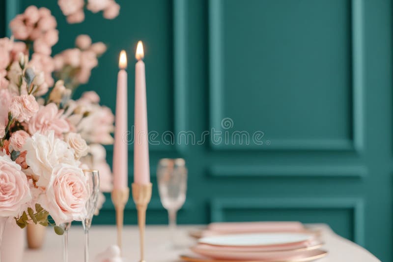 An Elegant Dining Table Setting with Taupe and Blush Pink on a Dark ...