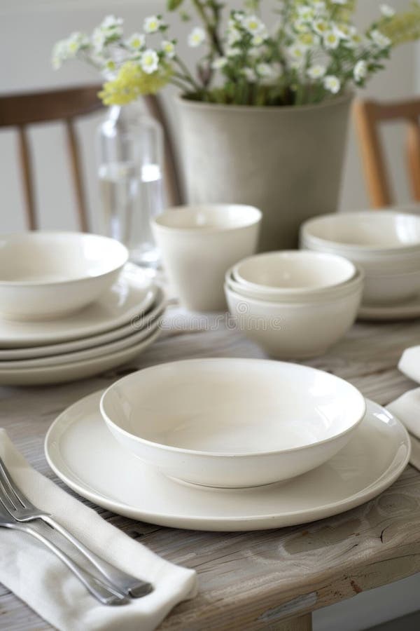 Elegant Dining Table Setting with White Dishes and Fresh Floral ...